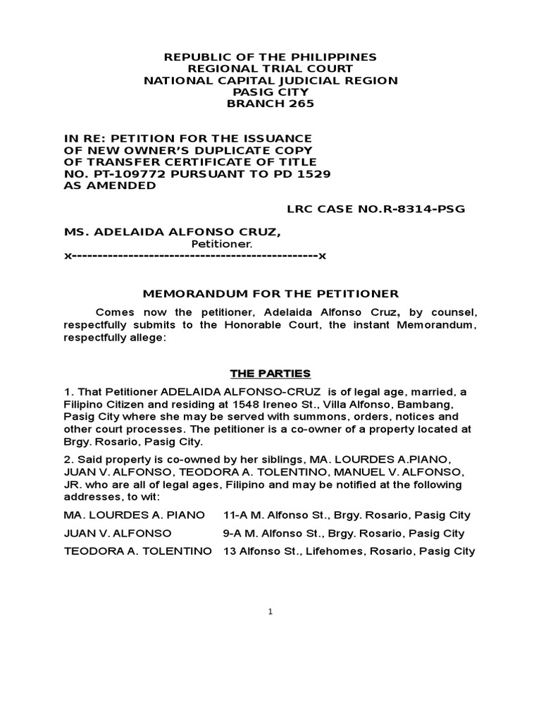 Memorandum for Petitioner Sample | Deed | Public Law