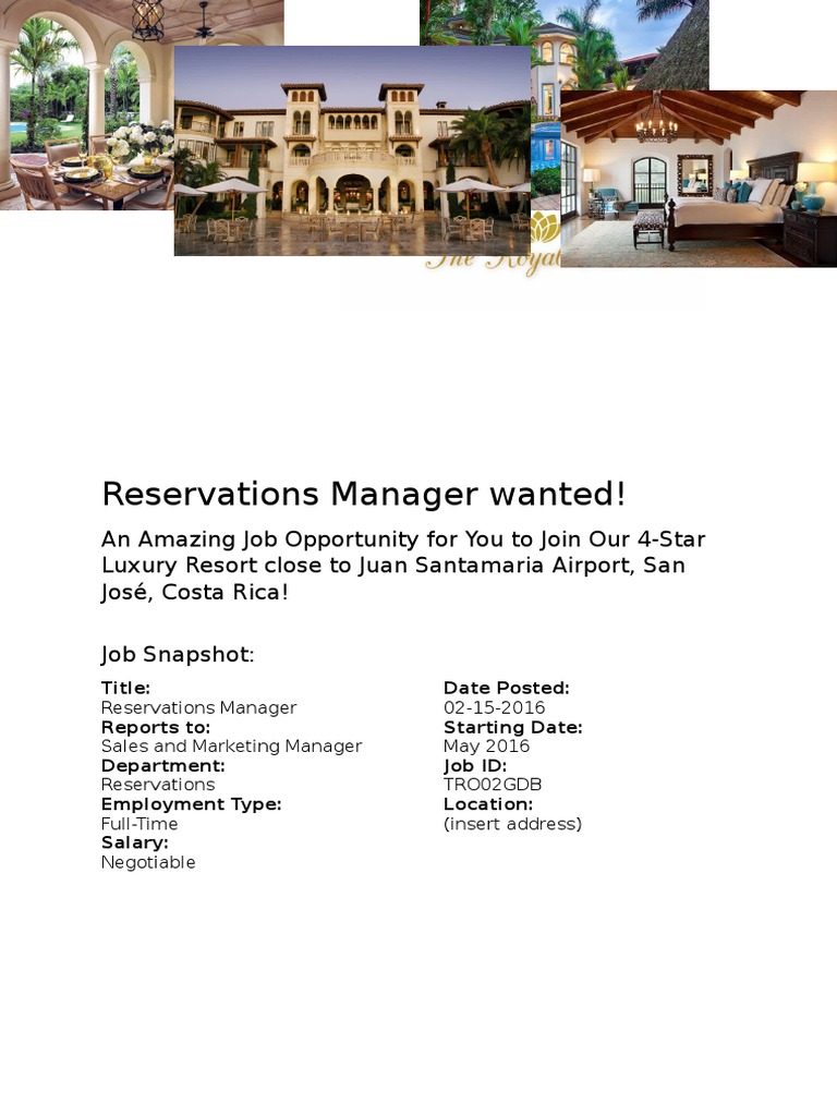 Reservations Manager Position Available | PDF | Sales | Employment