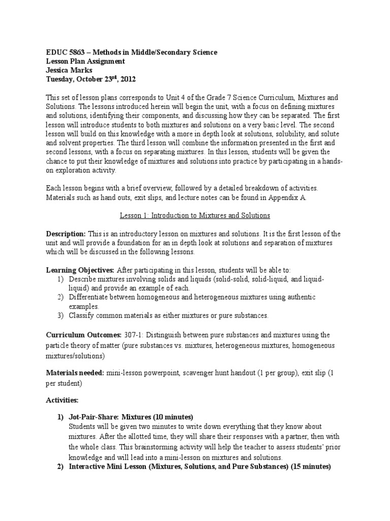 Grade 7 Mixtures and Solutions Lesson Plan | PDF | Solution | Mixture