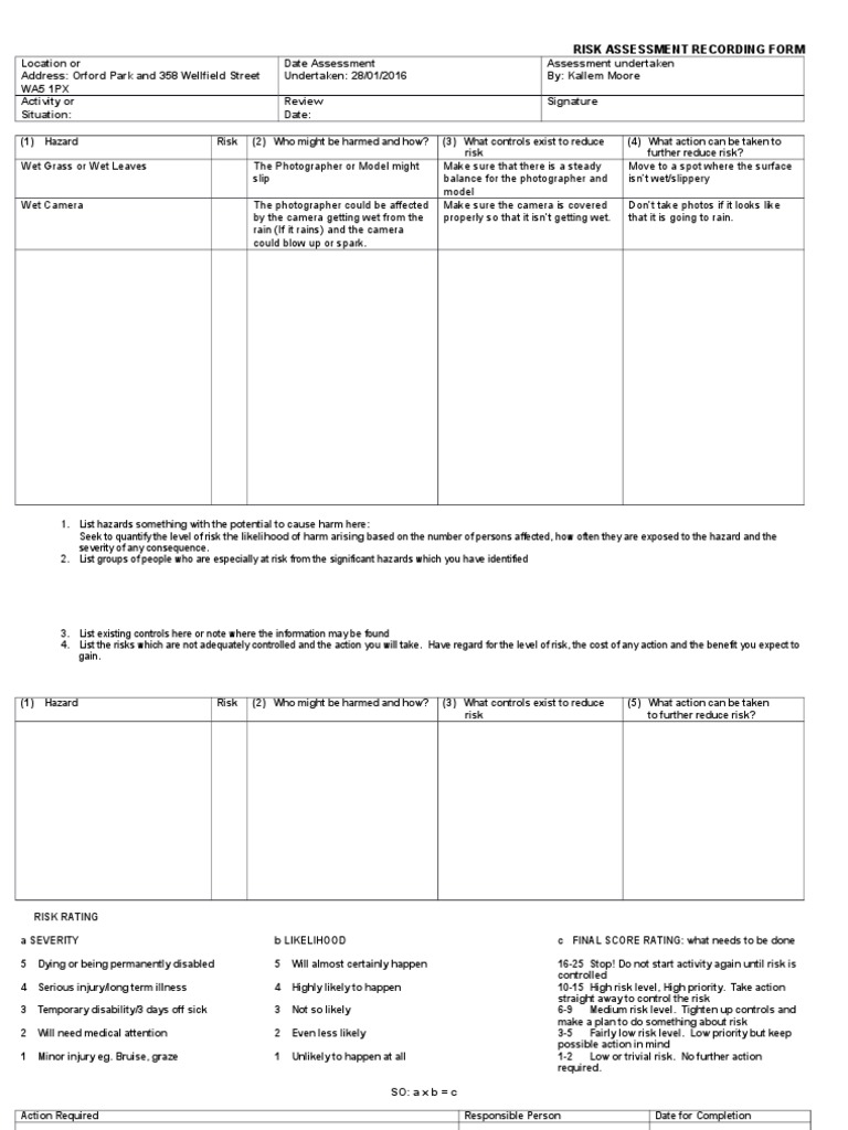 Wedding Photography Risk Assessment | PDF