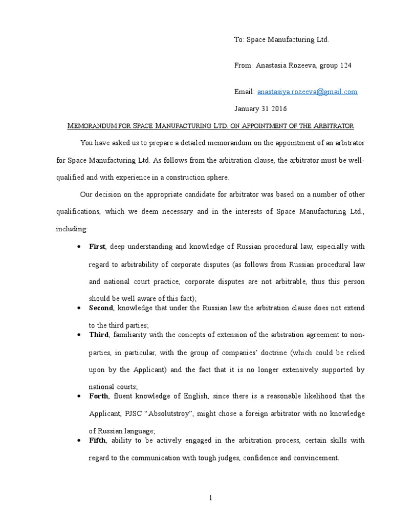 Memorandum on Appointment of Arbitrator | Arbitration | Knowledge