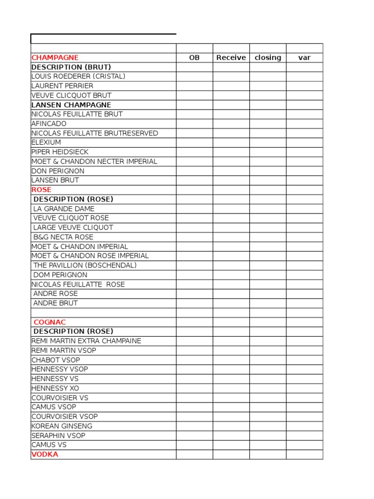 Bar Inventory Template | PDF | Champagne | Rose