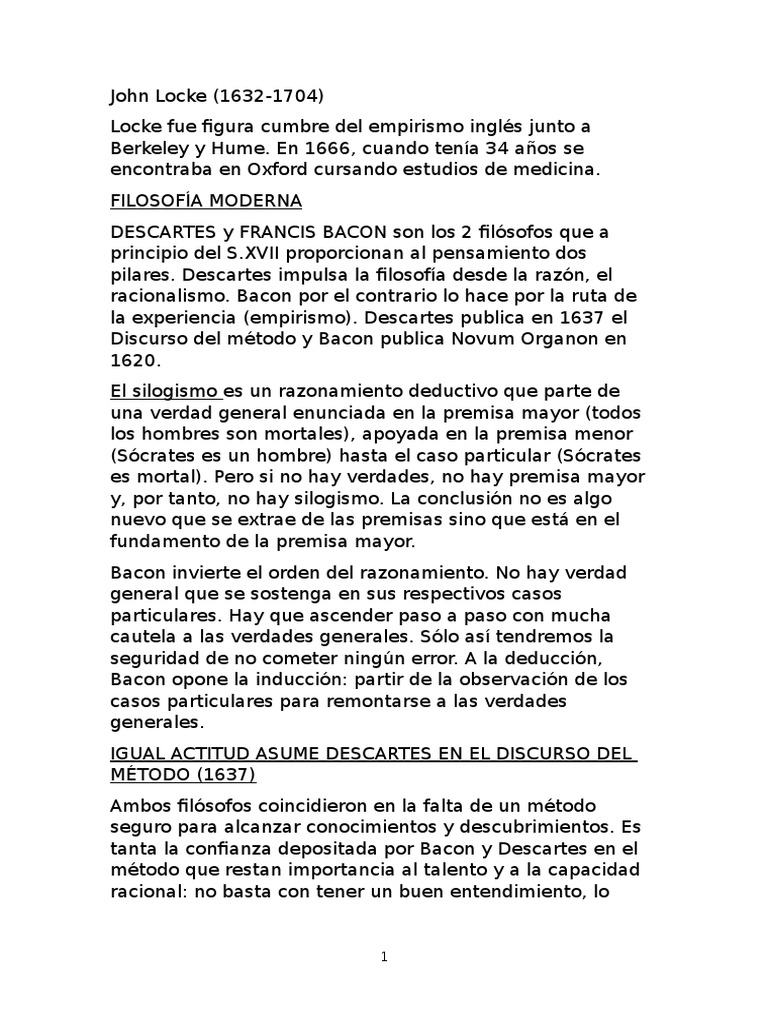 Resumen John Locke Filosofía Segundo Bachillerato | PDF | Empirismo ...