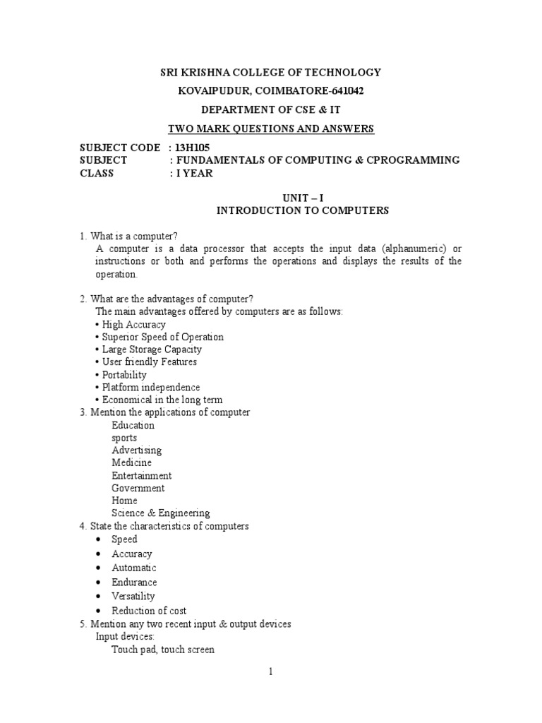 Two Mark Questions and Answers | PDF | Pointer (Computer Programming ...