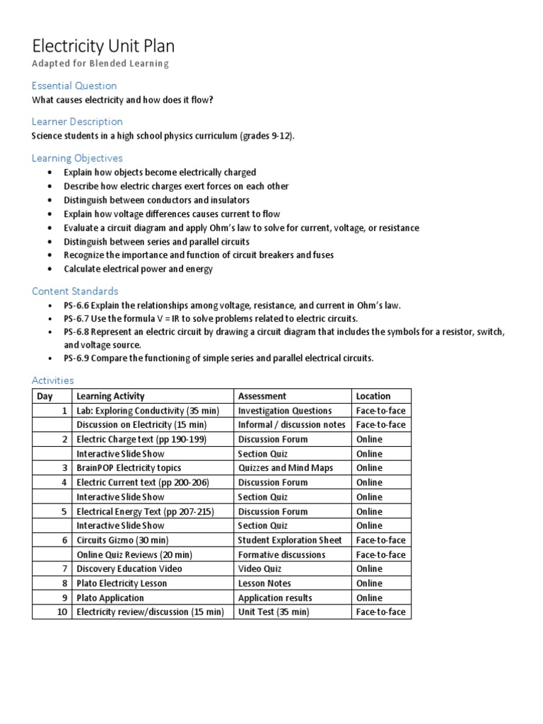 High School Physics: Electricity Unit Plan | PDF | Series And Parallel ...