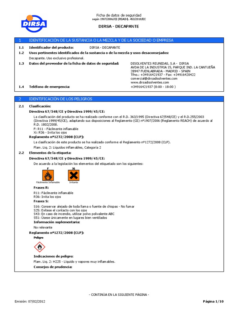 Decapante Ficha Seguridad | PDF | Toxicidad | Compuesto orgánico volátil