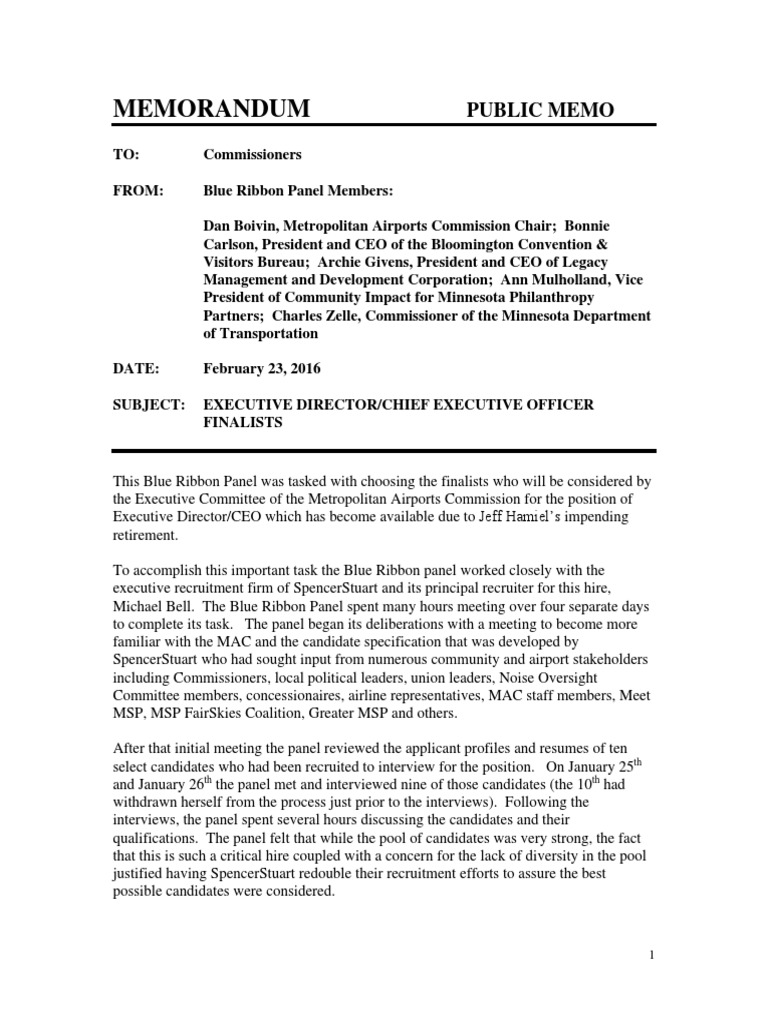 MAC CEO Candidates Memo | PDF | Minnesota | Executive Officer