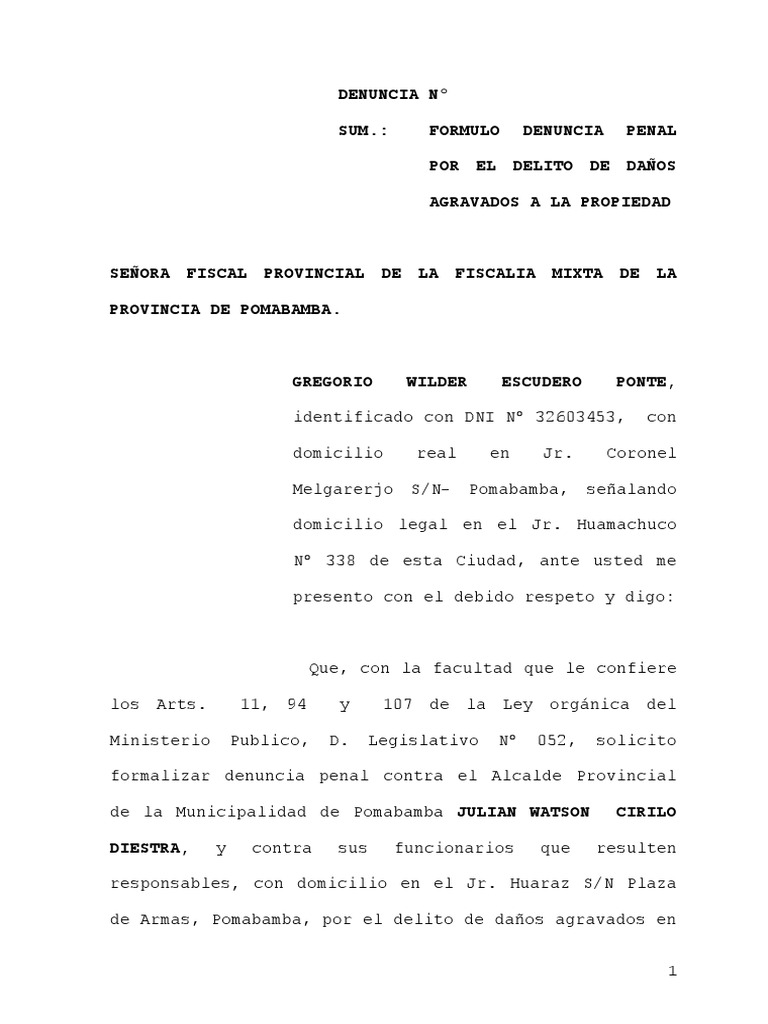 Modelo de Denuncia Por Denuncia Daños | Información del gobierno | Gobierno