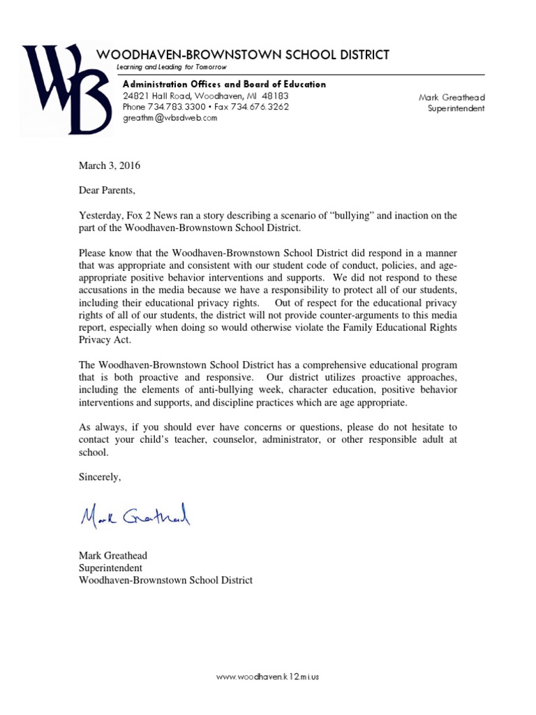 Woodhaven Brownstown School District Bullying Letter PDF