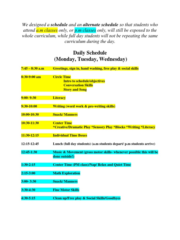 Daily Class Schedule for Students | PDF | Language Arts & Discipline | Art