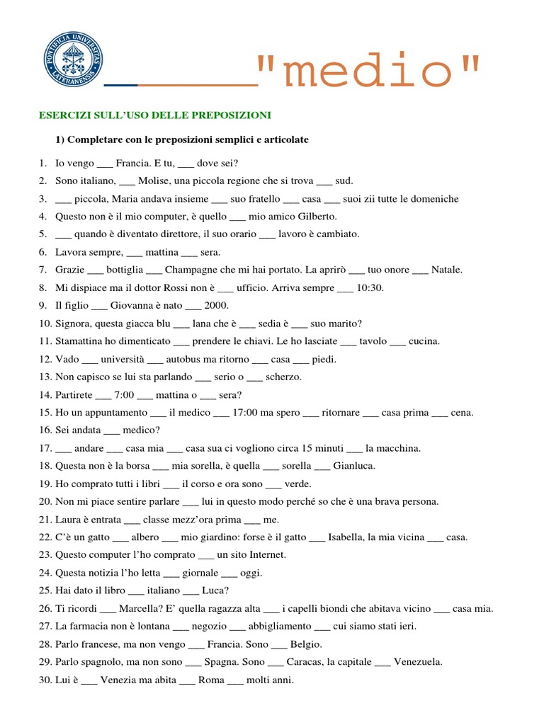Esercizi Preposizioni Articolate | PDF