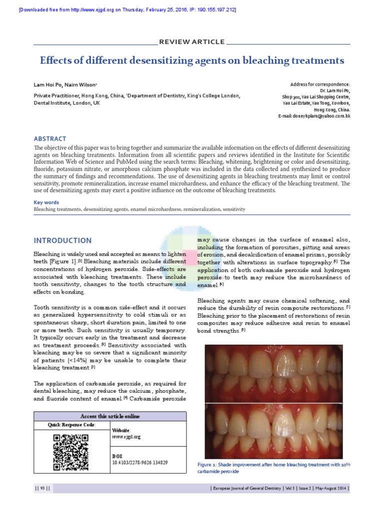 Desensitizing Agents in Bleaching Treatments | PDF | Tooth Enamel | Bleach