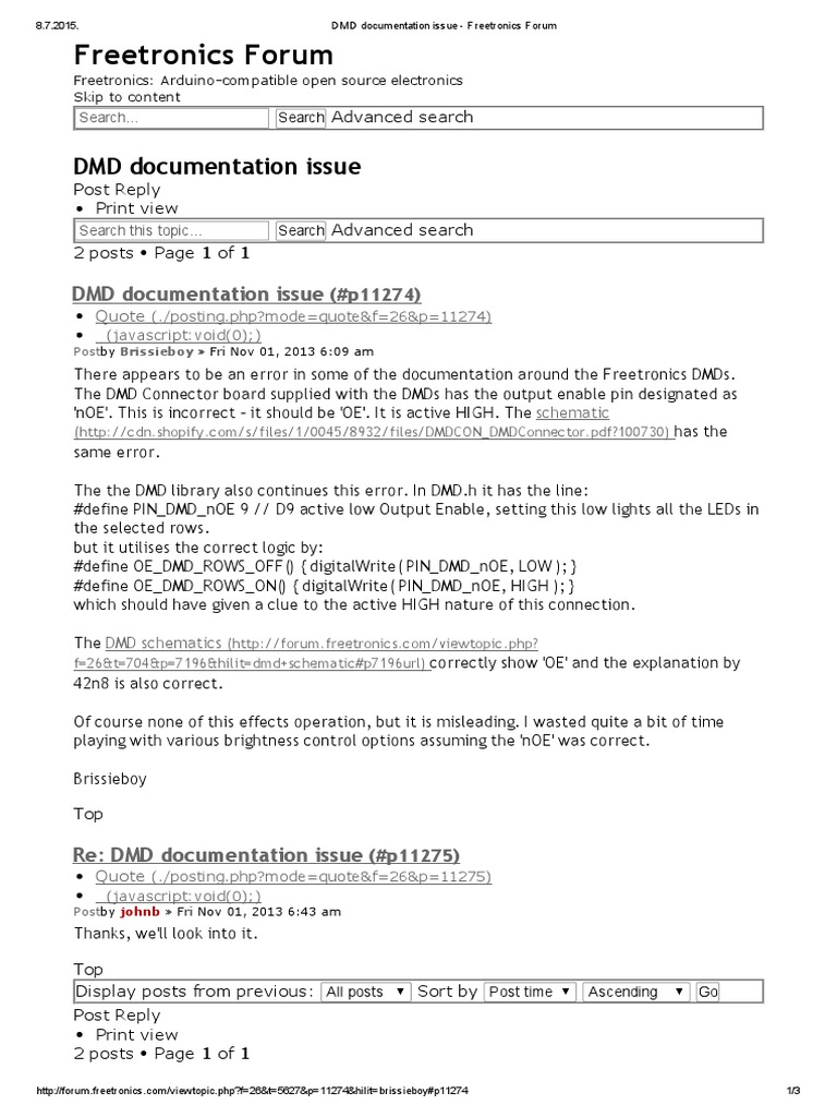 DMD Documentation Error - Freetronics Forum | Internet Forum | Arduino
