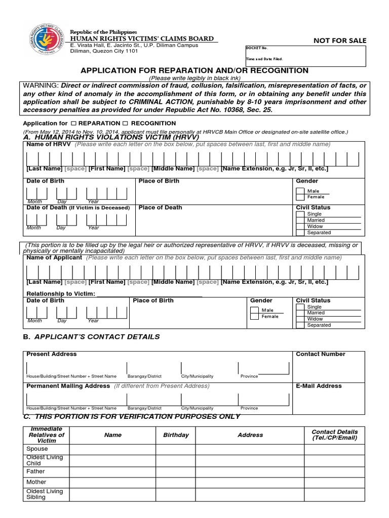 Application Form for Human Rights Claims (Philippines) | Affidavit ...