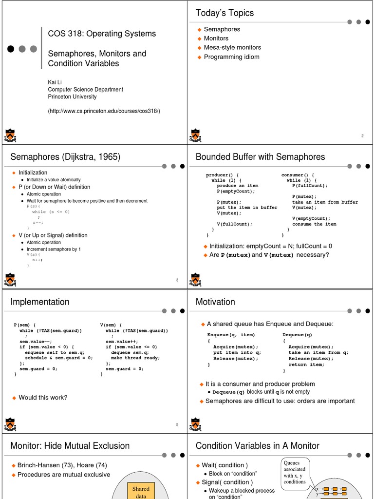 Cos 318 Operating Systems Semaphores Monitors And Condition Variables