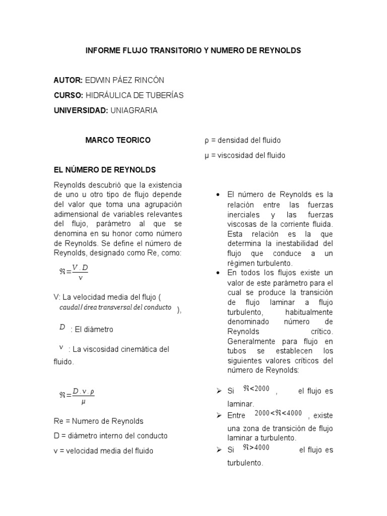 Informe Flujo Transitorio y Numero de Reynolds | PDF | Numero Reynolds | Flujo laminar