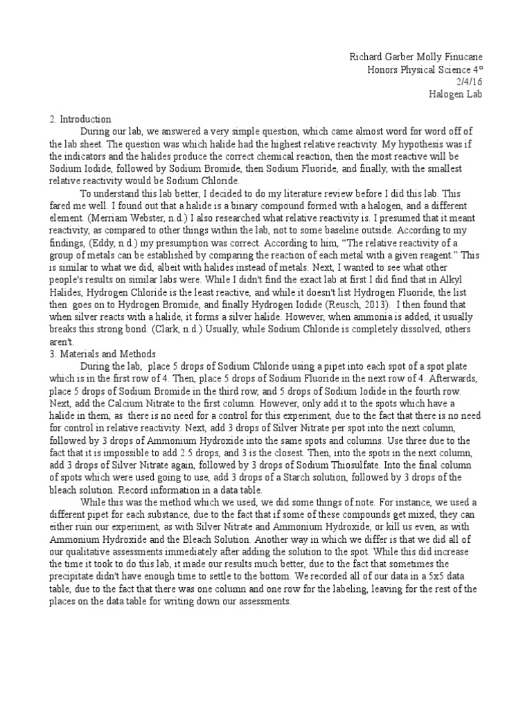 ° 2/4/16 Halogen Lab | PDF | Silver | Chemical Reactions