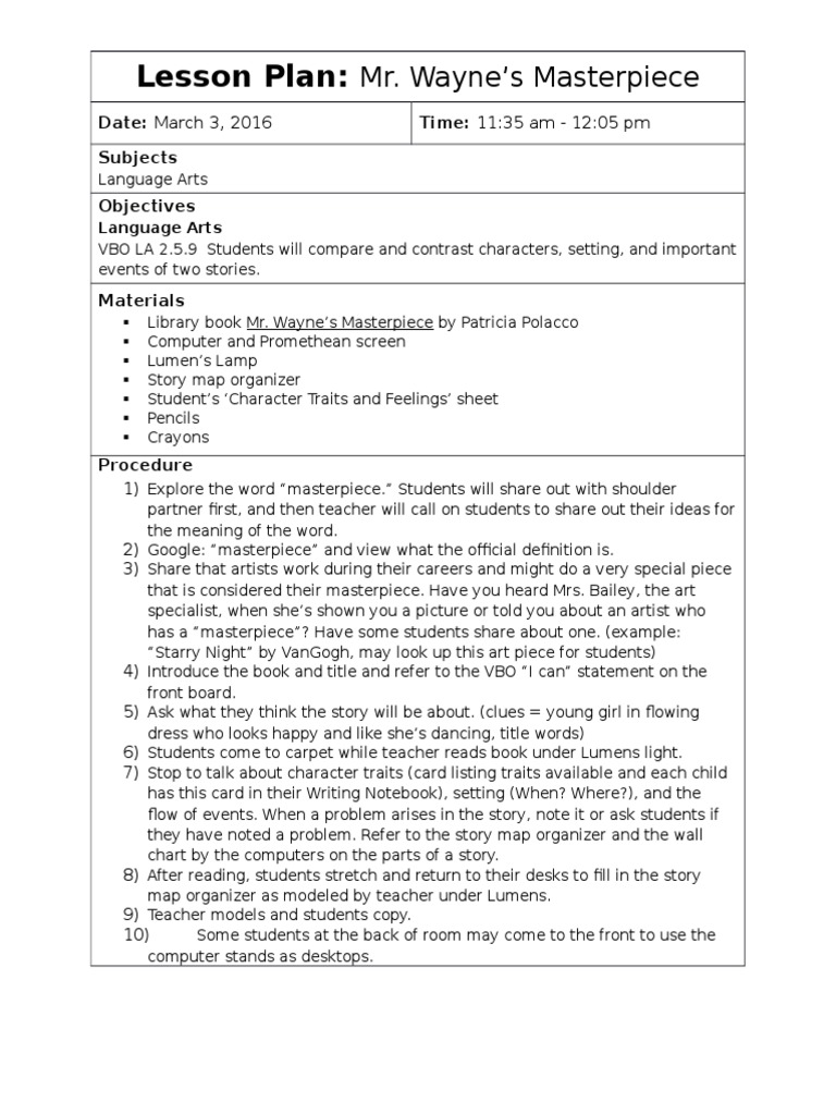 q3 Lesson Plan 2 - MR Waynes Masterpiece | PDF