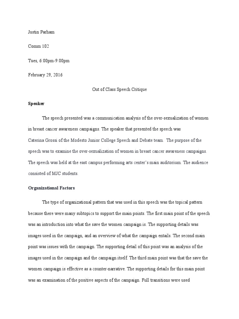 Out of Class Speech Critique | PDF | Nonverbal Communication | Public ...