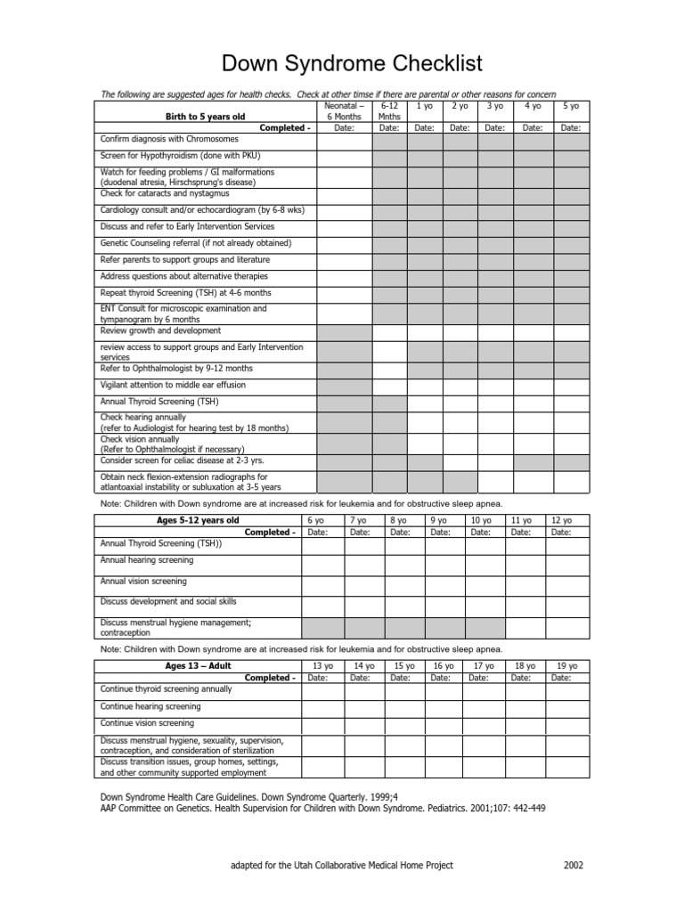 Down Syndrome Health Monitoring Checklist | PDF | Wellness