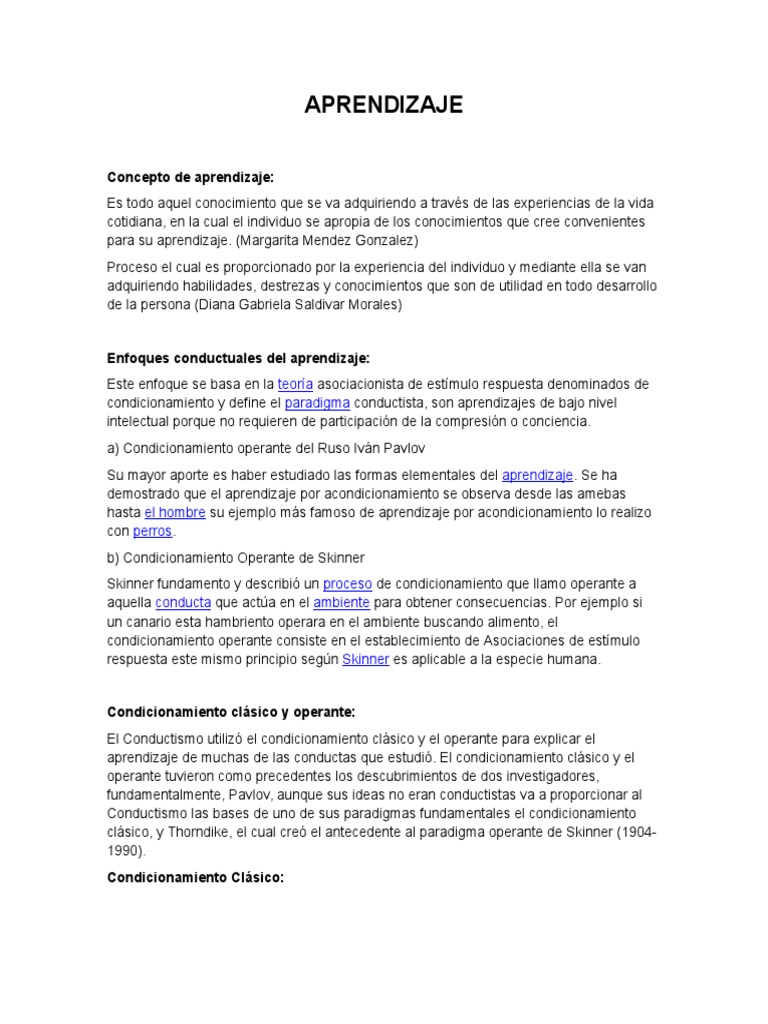 Concepto de Aprendizaje, Enfoques Conductuales Del Aprendizaje, Condicionamineto Clásico y ...