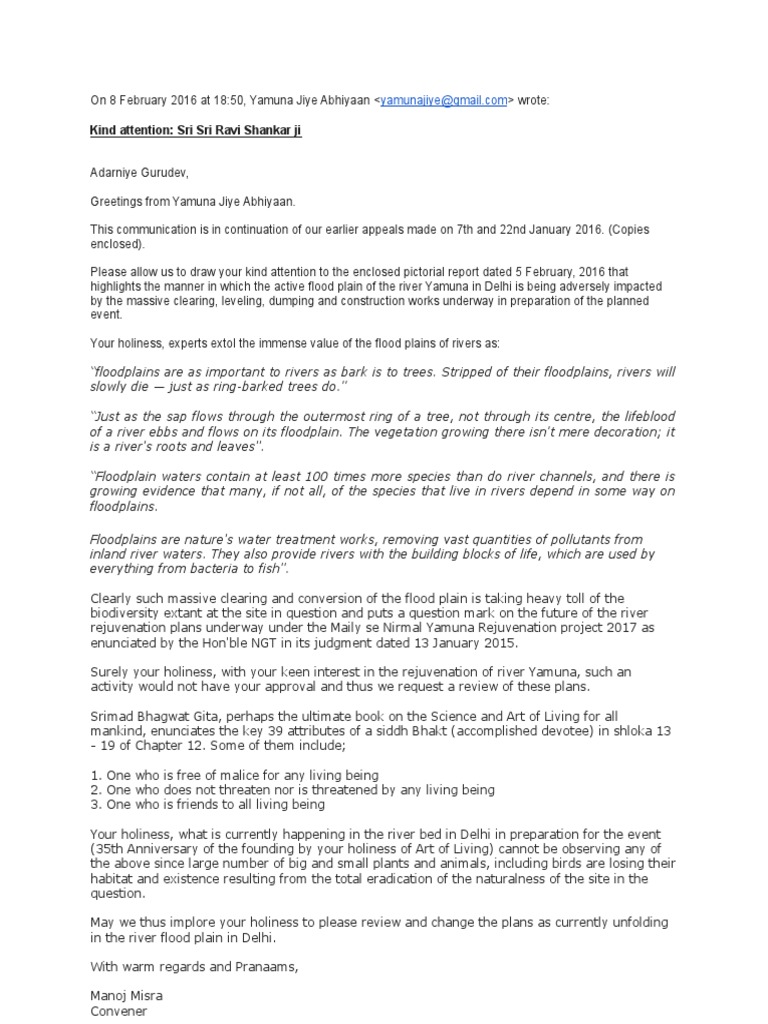 Letter To Sri Sri Ravi Shankar by Manoj Misra | PDF | Floodplain | River