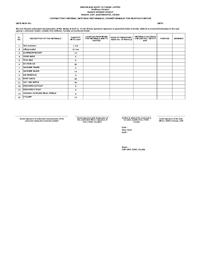 Contractor Material Gate Pass Format | PDF | Equipment | Manufactured Goods