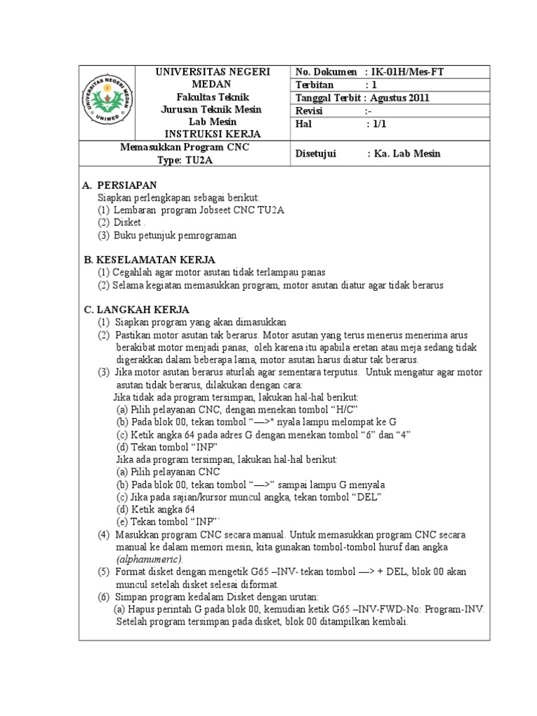 Instruksi Kerja Mesin CNC TU2A dan TU3A | PDF