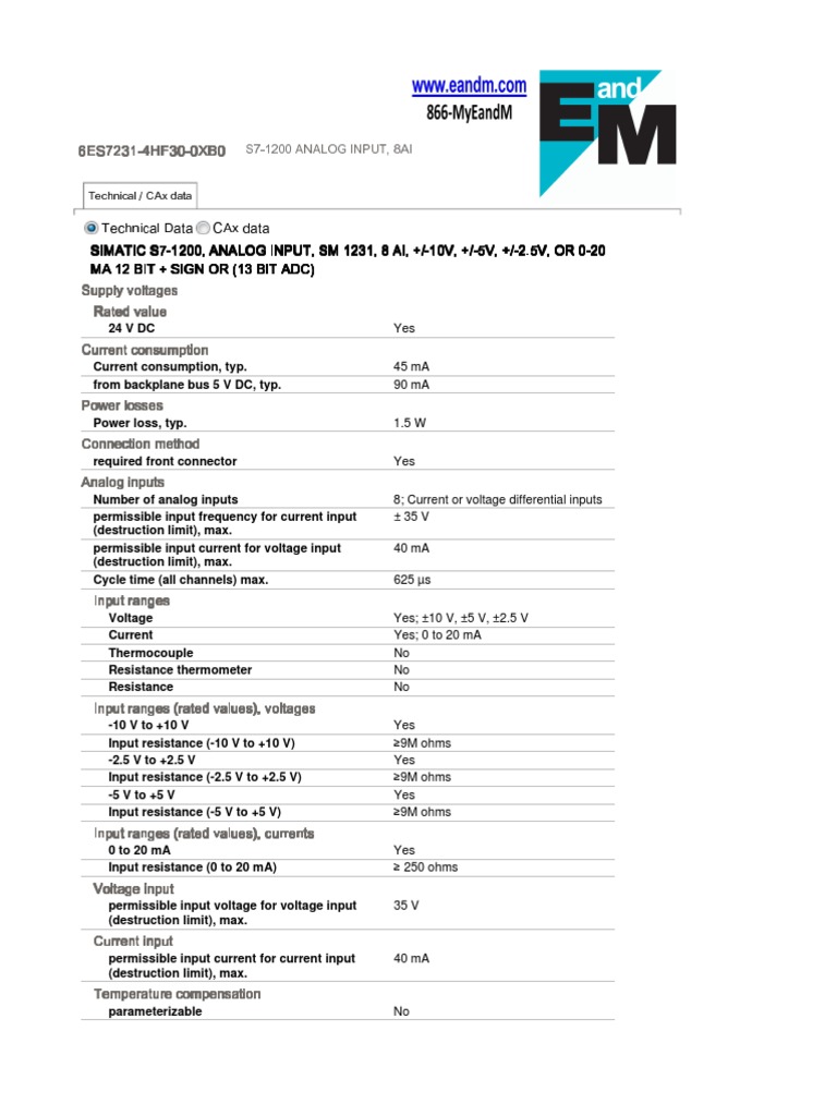 S7-1200 SM 1231 8 X Analog Input - Spec | PDF | Manufactured Goods ...