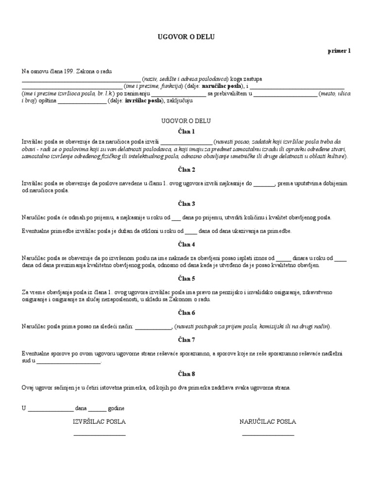 Ugovor o Delu - Model, Obrazac | PDF