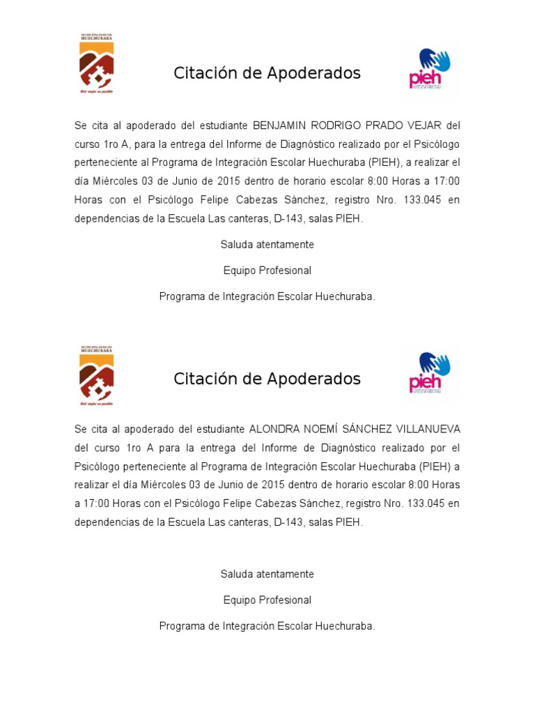 Citación de Apoderados | PDF | Escuelas psicologicas | Academia
