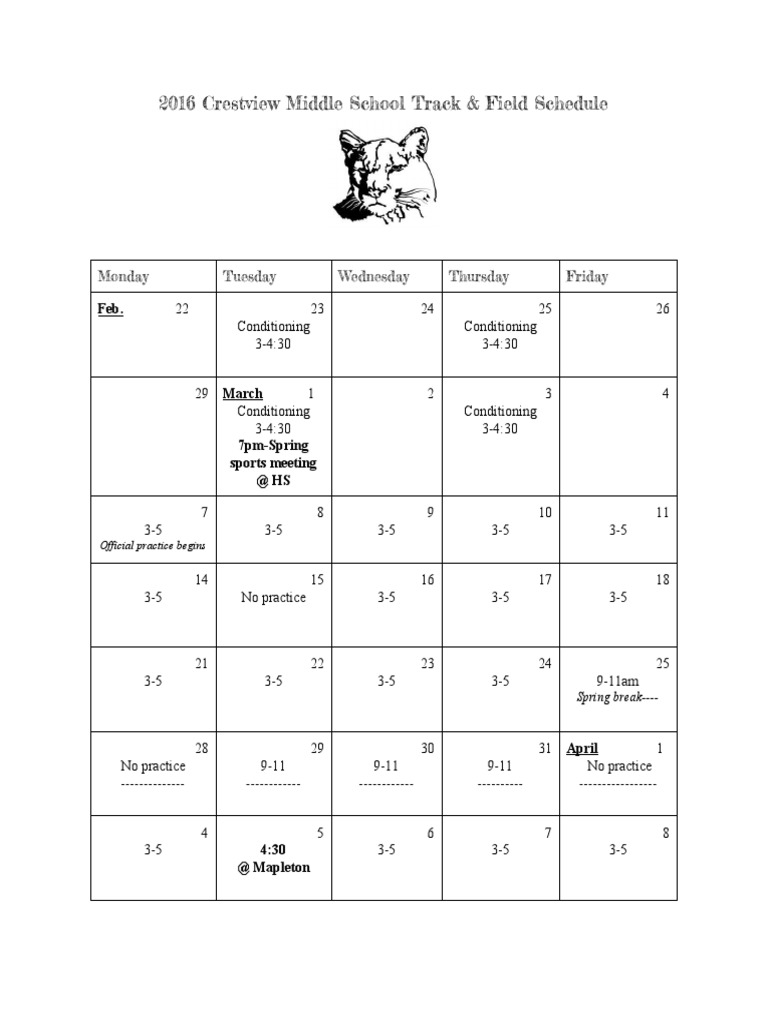 2016 Crestview Middle School Track & Field Schedule: Official Practice ...
