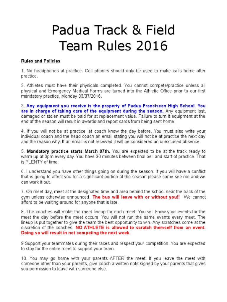 Padua Track & Field Team Rules 2016 | PDF | Sports | Leisure