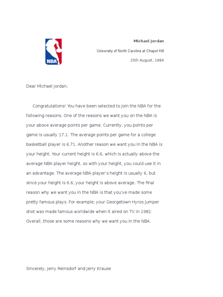 Michael Jordan's NBA Selection Letter | PDF | Sports & Recreation