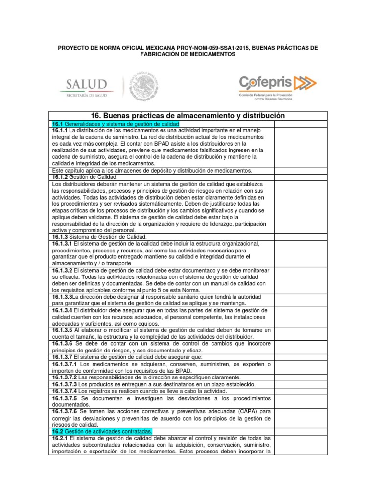 Proyecto NOM-059.Distribucion Cap 16 PDF | PDF | Medicamentos con receta | Sistema de manejo de ...