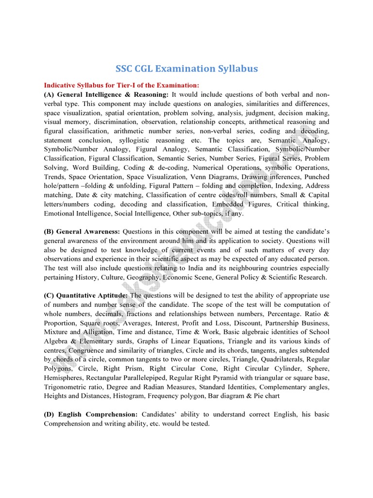 SSC CGL Examination Syllabus: Indicative Syllabus For Tier-I of The ...