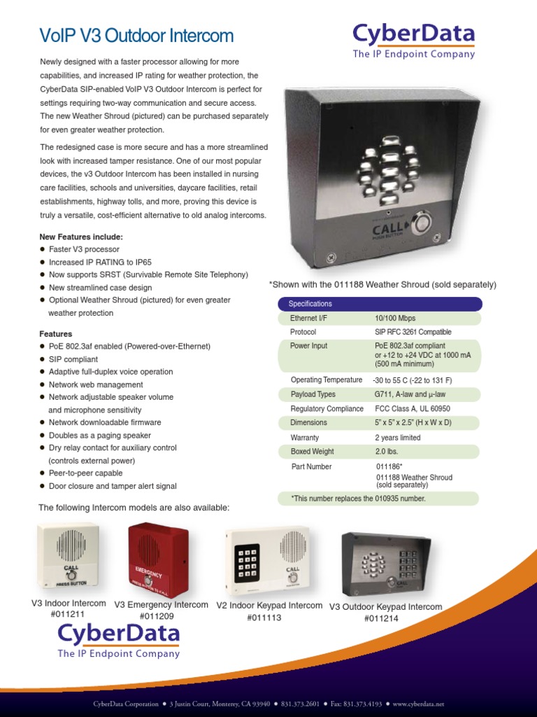 Datasheet V3 Outdoor Intercom | PDF | Voice Over Ip | Network Protocols