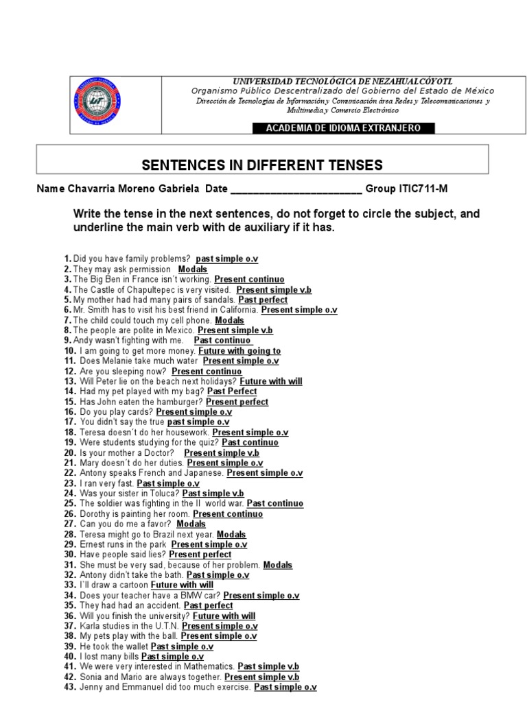 Exercises Sentences in Different Tenses I | PDF | Linguistic Typology ...