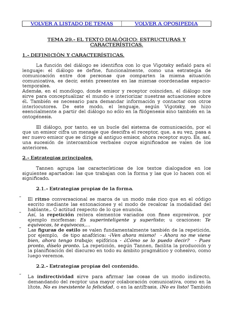 Tema 29. - El Texto Dialógico: Estructuras y Características. | PDF ...