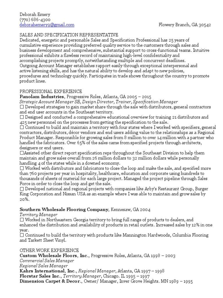 Sales Specification Representative Manager in Atlanta Metro GA Resume ...