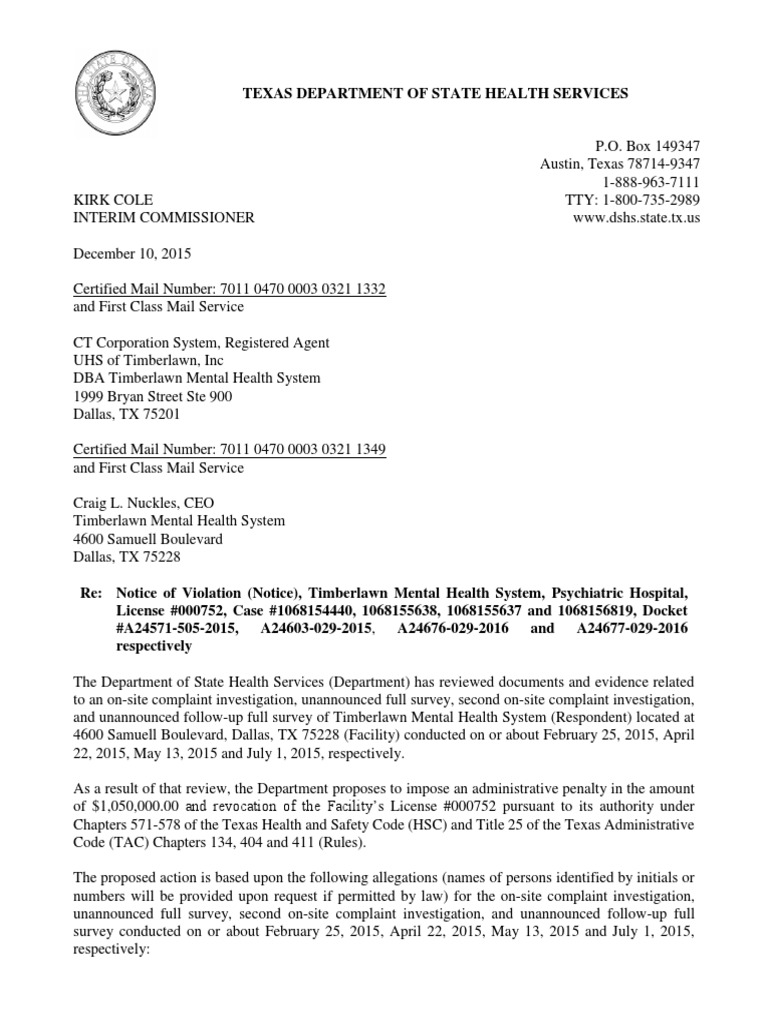 Letter To Timberlawn Mental Health System | PDF | Patient | Nursing