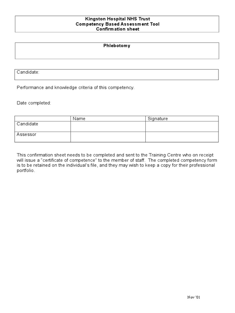 Phlebotomy Competency Assessment Tool | PDF | Competence (Human ...