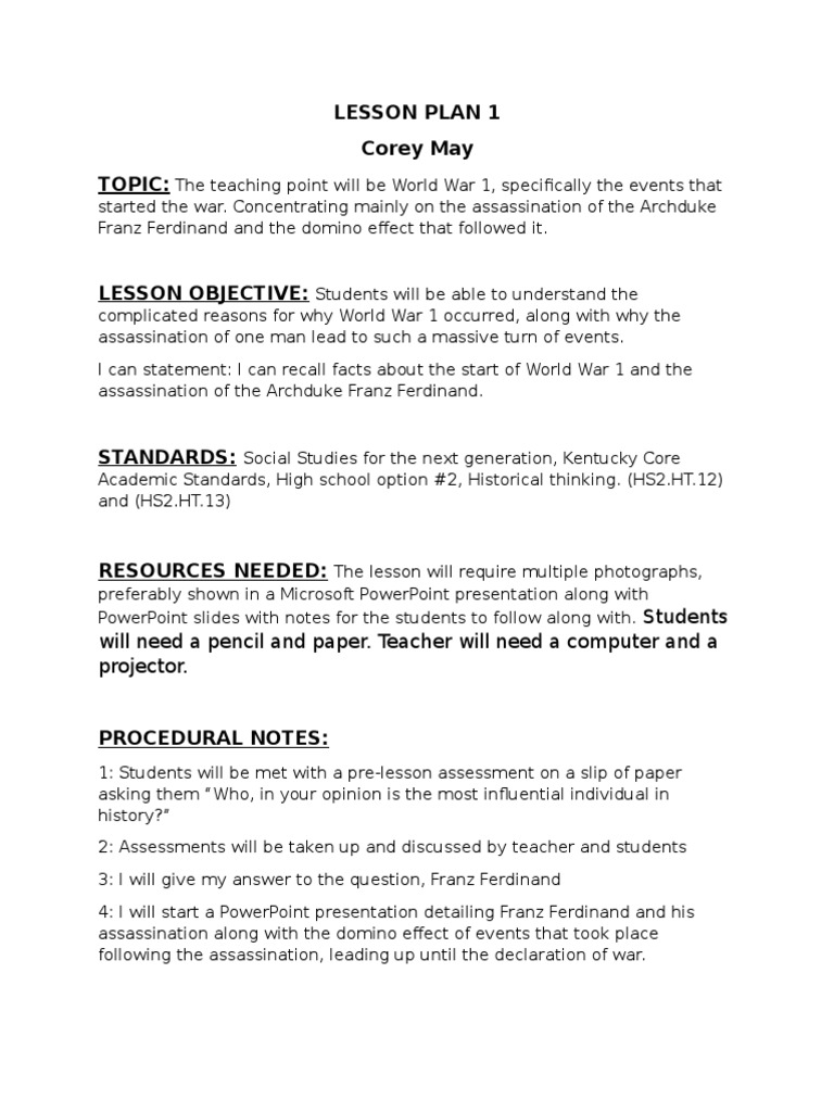 WW1 Lesson Plan: Archduke's Assassination | PDF