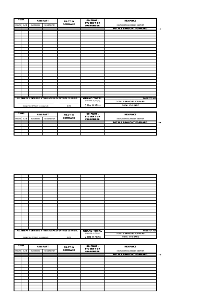 Pilot Logbook Sheets Printable