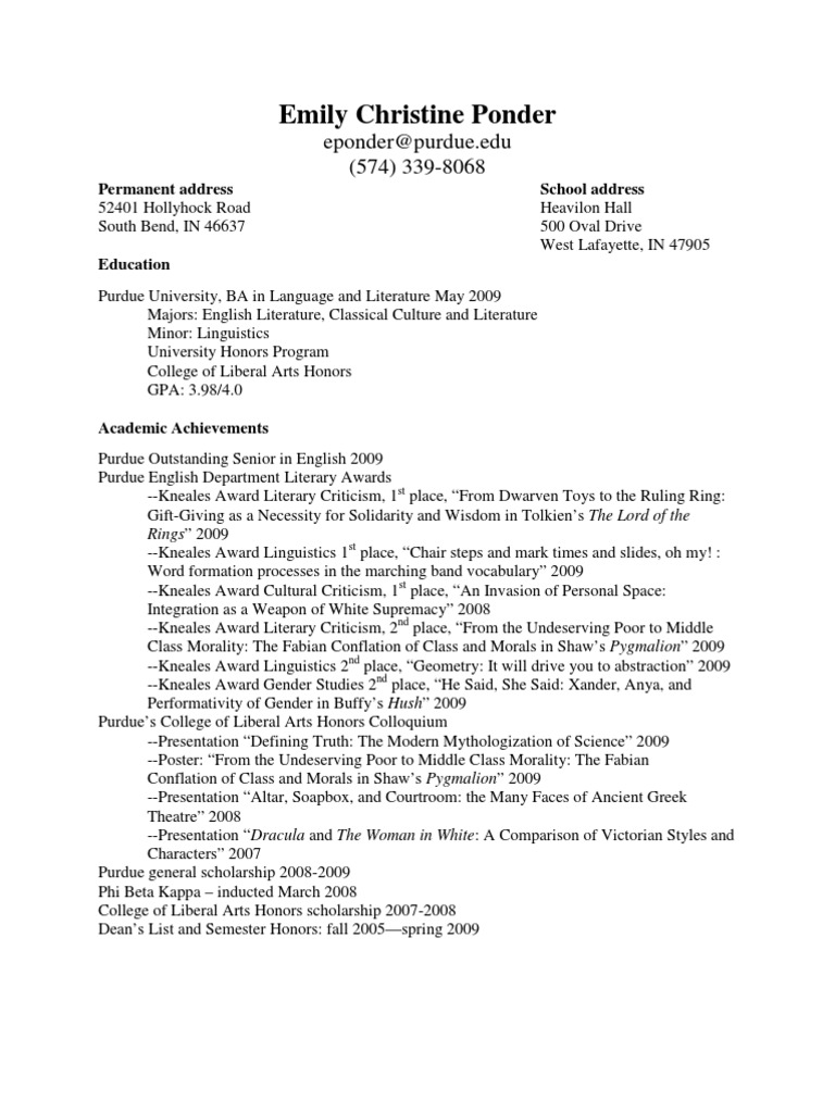 Emily Christine Ponder: Eponder@purdue - Edu (574) 339-8068 | PDF ...