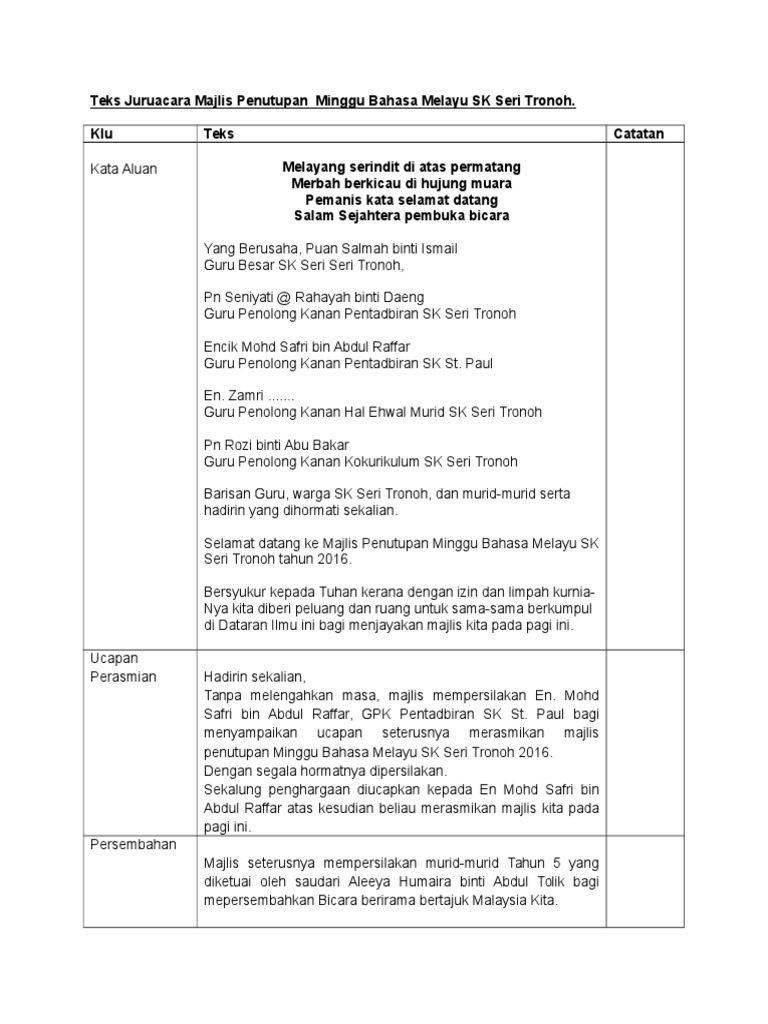 Teks Juruacara Majlis Penutupan Minggu Bahasa Melayu | PDF