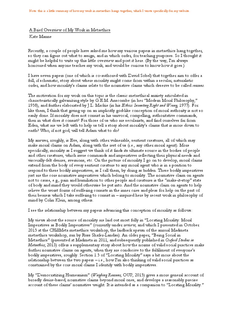 Overview of Kate Manne's Metaethics Work | PDF | Internalism And Externalism | David Hume