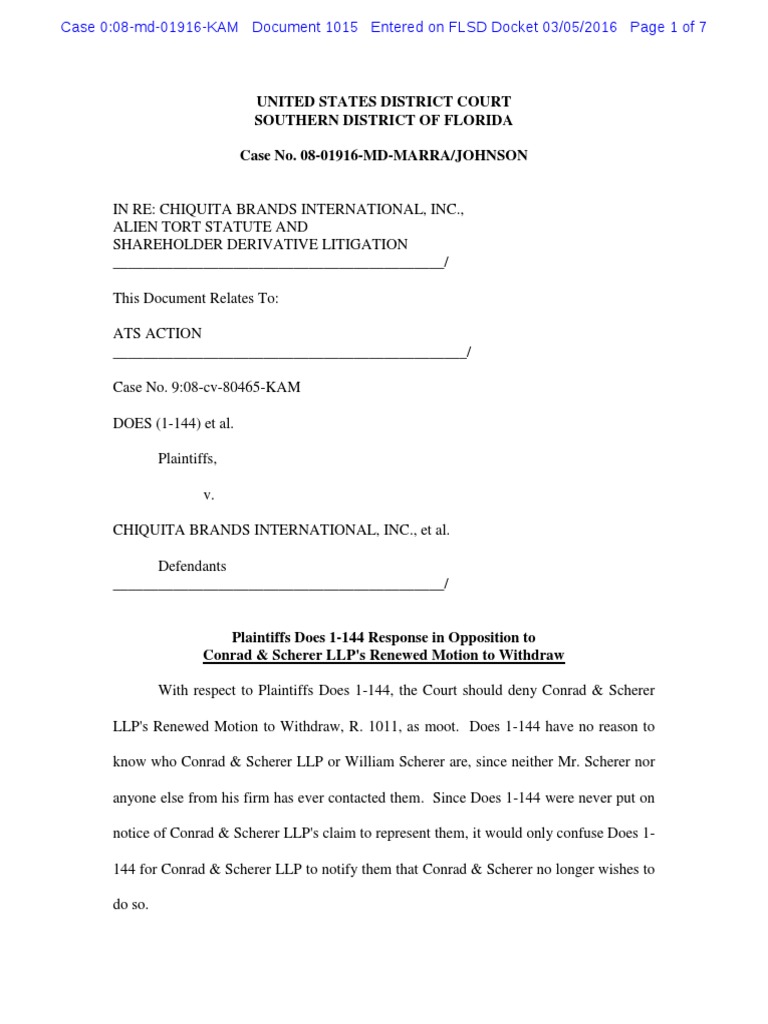 Chiquita Brands Litigation: Opposition to Motion to Withdraw | PDF | Lawsuit | Government