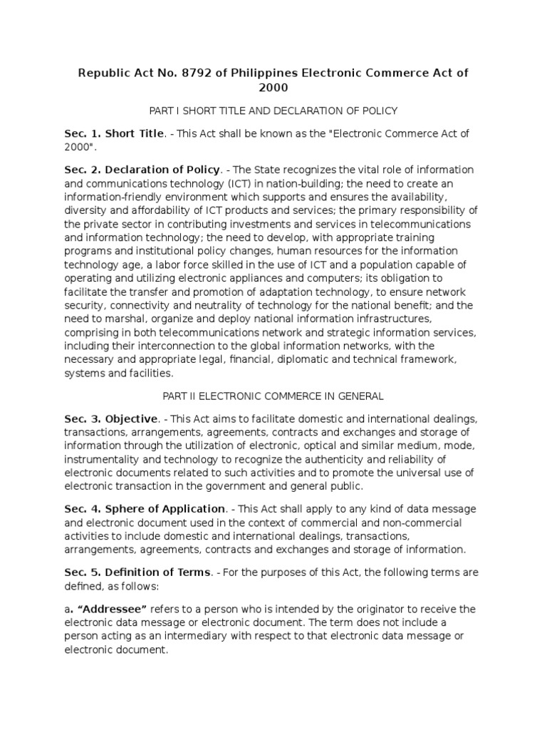 Republic Act No. 8792 | PDF | Information | Information Technology