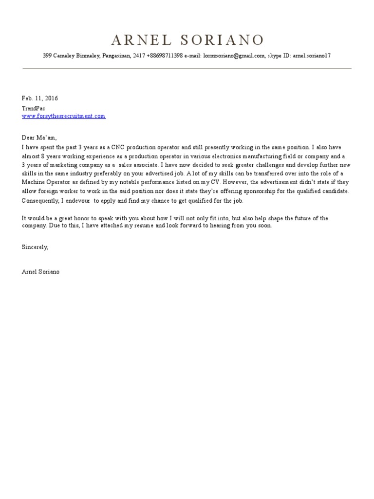 Machine Operator Cover Letter by Arnel Soriano | PDF | Career & Growth